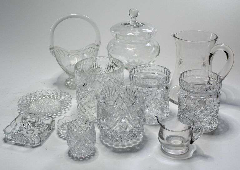 CUT GLASS COLLECTION INCLUDING PITCHER, BASKET, AND CANDY DISH ...