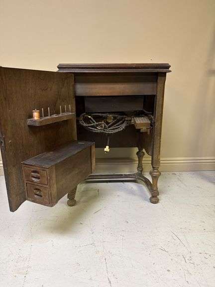 Vintage White Rotary Sewing Machine in Wooden Cabinet - Auction Ohio