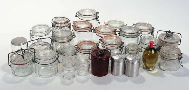 GLASS AND METAL STORAGE JARS WITH LIDS AND CLASPS. - Auction Ohio