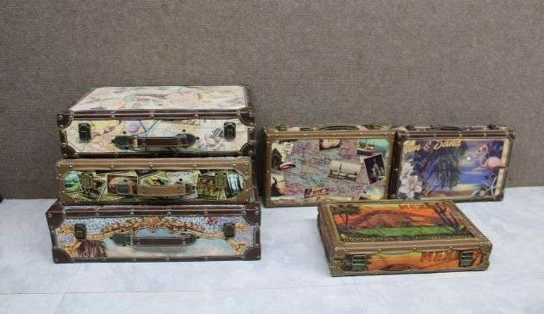 6 Decorative Suitcases with Travel-Themed Designs - Auction Ohio