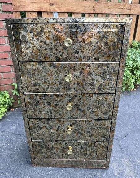 Mid Century Metal Chest Drawers Faux Tortoise Shell Finish - Auction Ohio