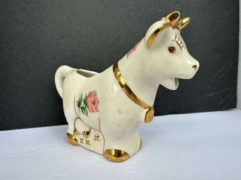 Mid Century Ceramic Cow Creamer Pitcher Flowers & Gold Accents ...
