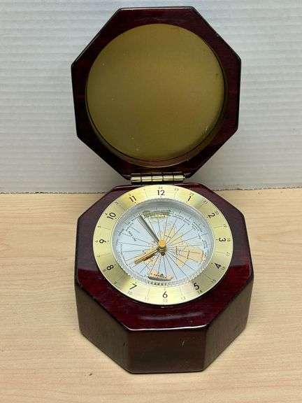 Vintage World Time Zone Desk Clock in Octagonal Wood Case - Auction Ohio
