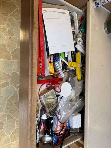 Drawer Contents Including Tools, Stationery, and Household Items ...