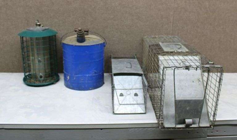 Havahart Live Animal Trap, Blue Metal Barrel with Spout, and Green Wire ...