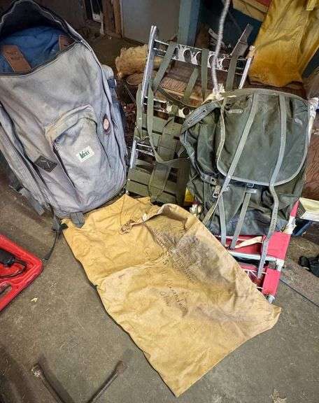 Vintage REI Backpack, Military Pack Frame, and Canvas Bag Set - Auction ...