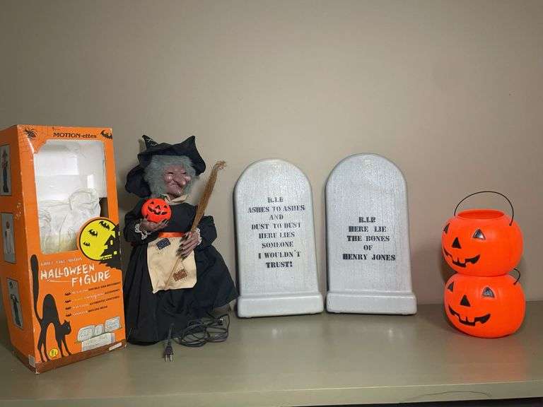 Halloween Décor Lot – Motionette Witch, Tombstones & Pumpkin Buckets ...