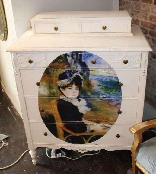 White Painted Wooden Dresser with Printed Portrait and Five Drawers ...