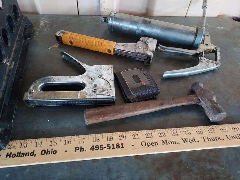 Plastic Crate, Pistol Grip Grease Gun, 2 Staplers, Ball Peen Hammer ...