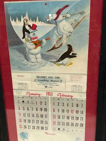 1953 Shellhorn’s Music Store Calendar in Black Frame - Auction Ohio