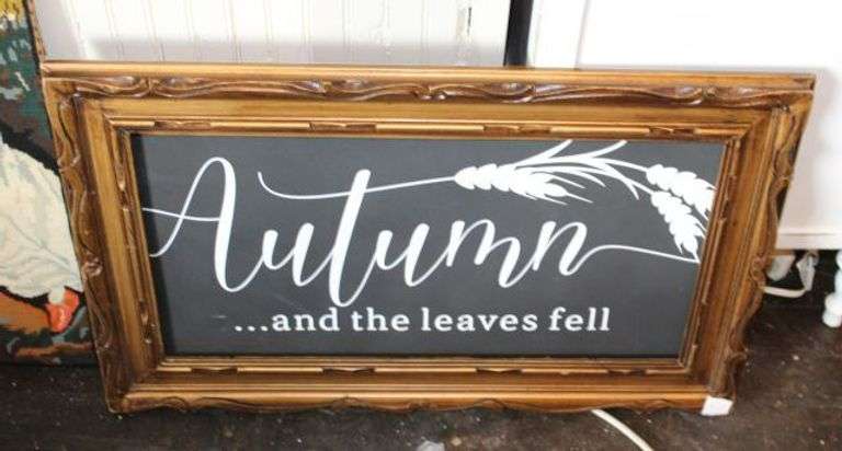 Framed Autumn Sign and Needlepoint Artwork Depicting Seated Children ...