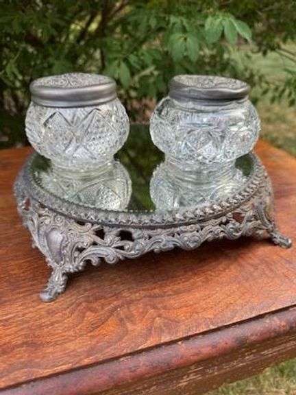 Vintage Cut Glass Powder Jars with Silver Plate Lids on Silver Plate ...