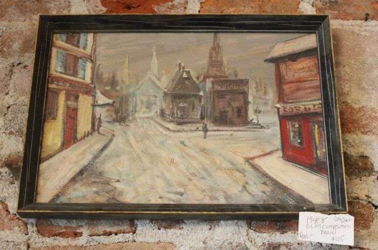 Framed Oil Painting Depicting a Cityscape on Composition Board ...