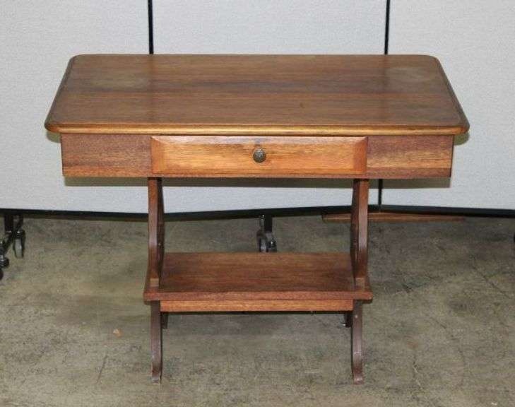 Wooden Side Table with Lyre-Shaped Supports and Single Drawer - Auction ...