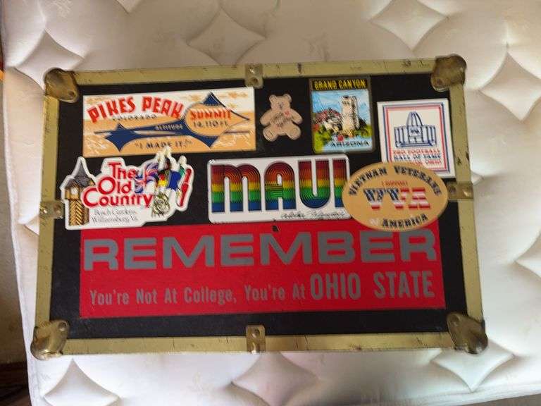 Travel Trunk with Stickers from Various Destinations - Auction Ohio