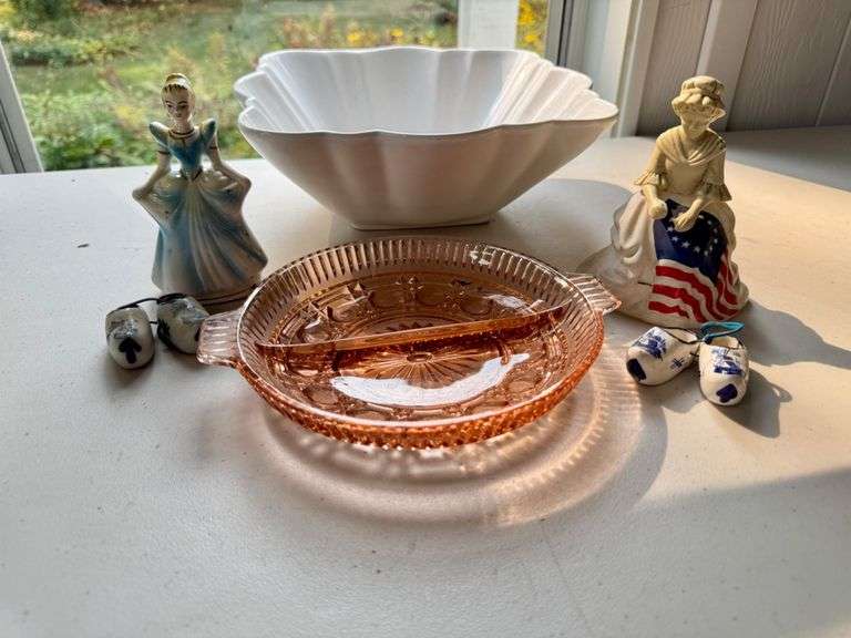 Collection Including Ceramic Figures, Glass Dish, and Decorative ...