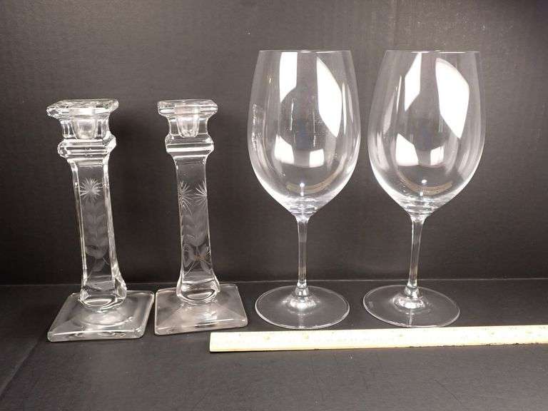 Westmoreland Etched Glass Candlesticks and Riedel Crystal Wine Glasses - Auction Ohio