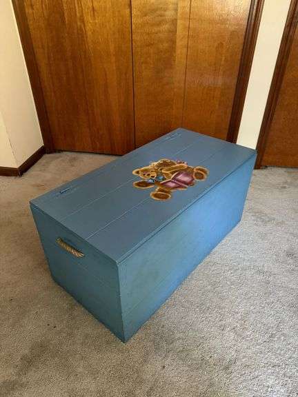 Blue Wooden Toy Chest with Teddy Bear Design - Auction Ohio