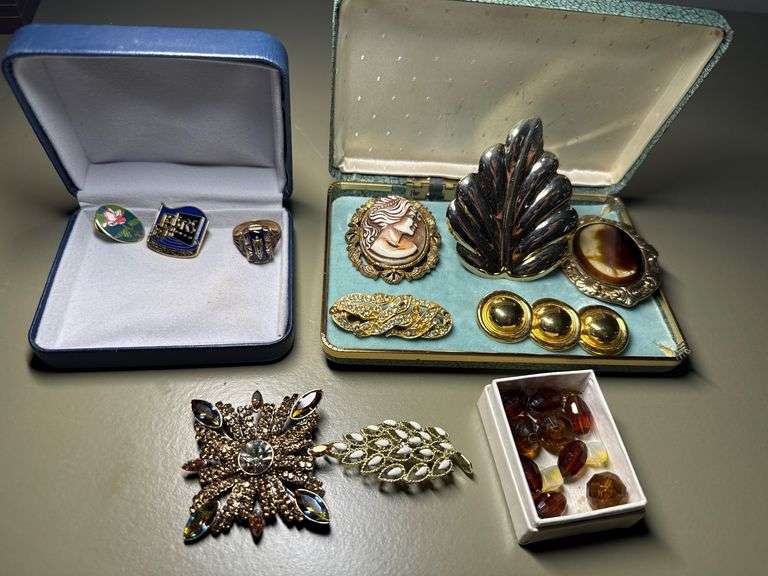 Vintage Jewelry 10K Gold Class Ring, Cameo Brooch, Pins & Stones ...