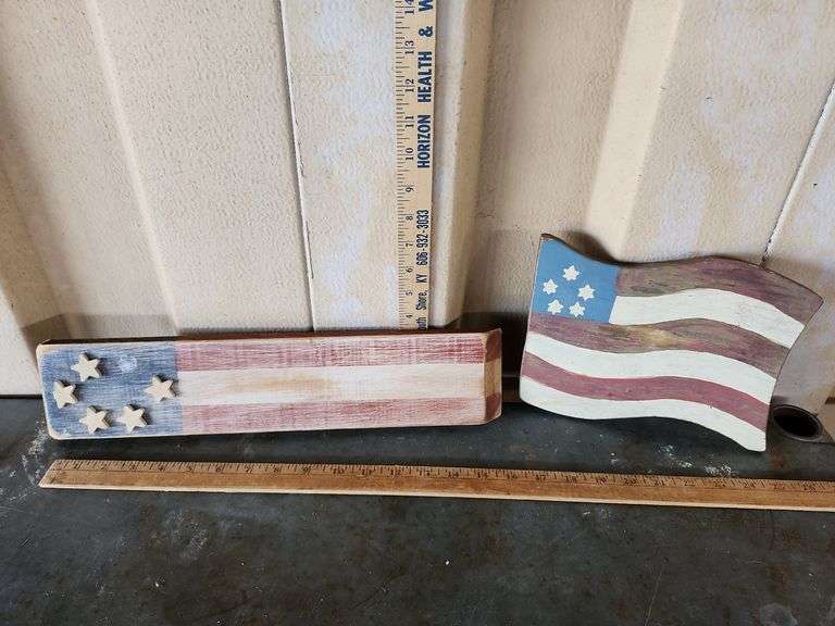 2 Folk Art Wood Hand Painted Flags - Auction Ohio