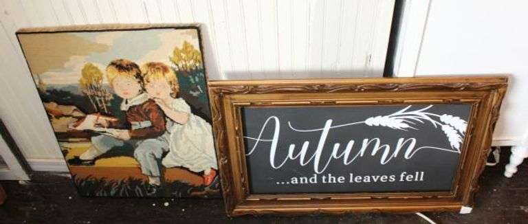 Framed Autumn Sign and Needlepoint Artwork Depicting Seated Children ...