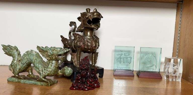 Etched Glass Paperweights & Collection of Foo Dog and Dragon Figurines ...