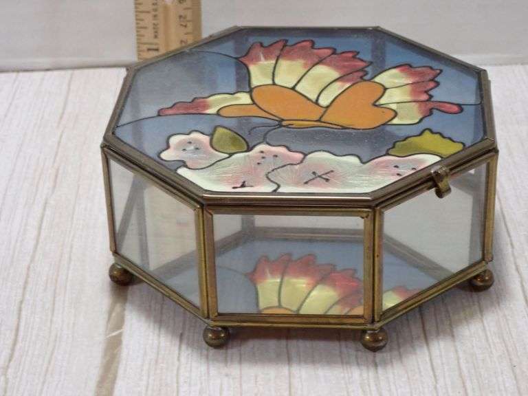 Octagonal Glass and Brass Trinket Box with Stained Glass Lid - Auction Ohio