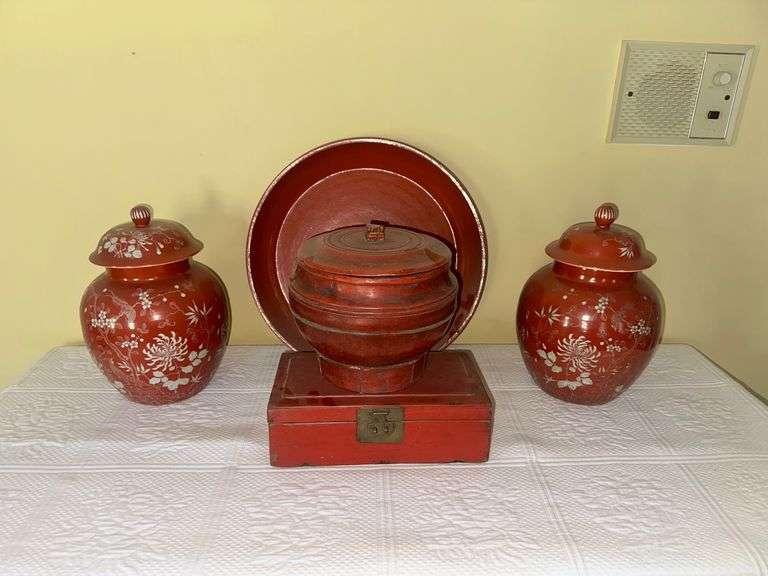 Set of Red Lacquer Asian Decorative Jars and Box - Auction Ohio