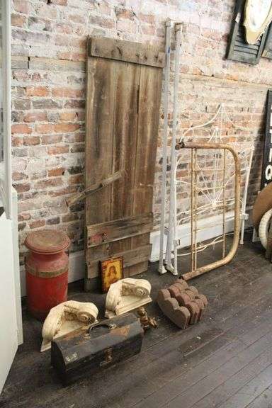 Salvage Items Including Wooden Door, Metal Bed Frame, and Decorative ...
