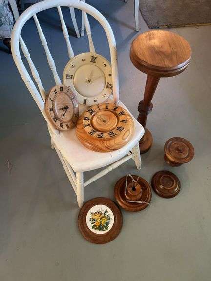 Carved Wood Plant Stand - Clocks - Trivet - Auction Ohio