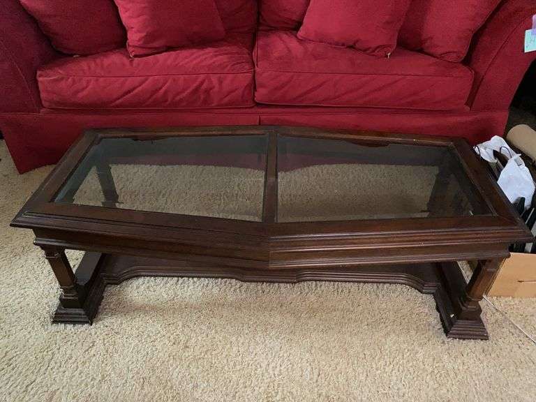 Vintage Glass and Wood Coffee Table, 48 x 23 x 15.5 Inches - Auction Ohio