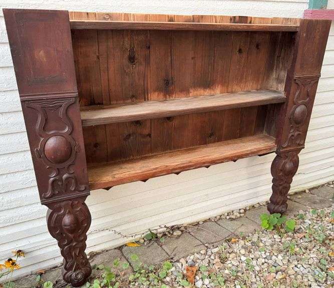 Vintage Wooden Open Shelf with Carved Legs and Decorative Panels ...