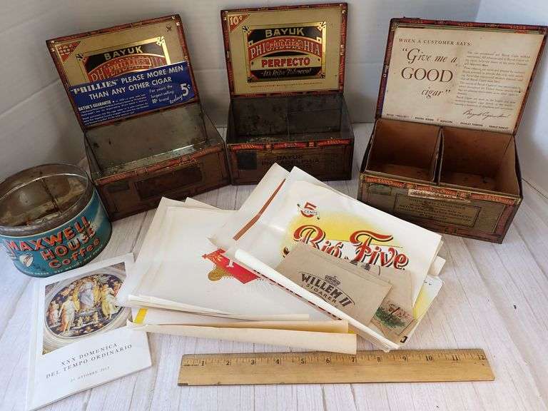 Three Bayuk Tin Cigar Boxes, Maxwell House Coffee Tin, and Assorted ...