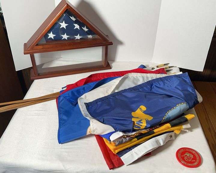 Flags, Flag Poles & Shadow Box, Including Military Flags - Auction Ohio