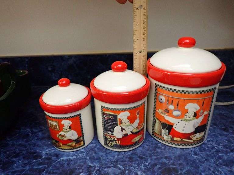 3 Ceramic Chef-Themed Canisters by LTD Commodities - Auction Ohio