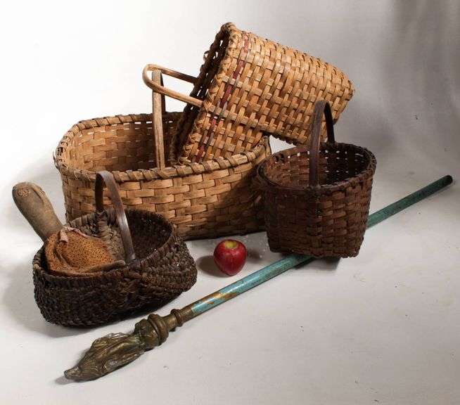 FOUR WOVEN BASKETS, PRIMITIVE DOLL, AND STAFF WITH MARY FINIAL ...
