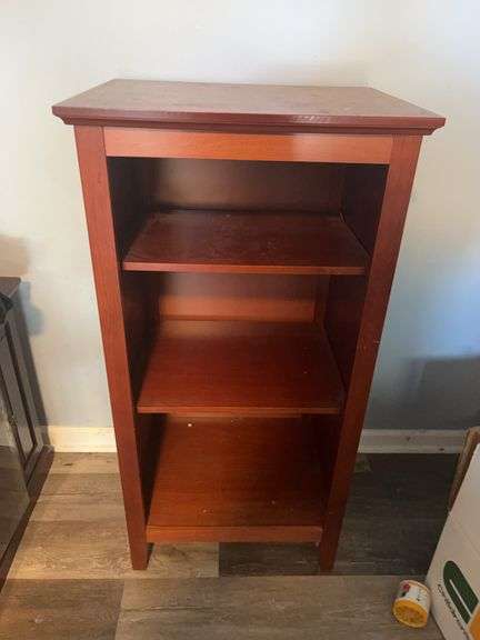 Sauder Style Three-Shelf Bookcase with Reddish Finish - Auction Ohio