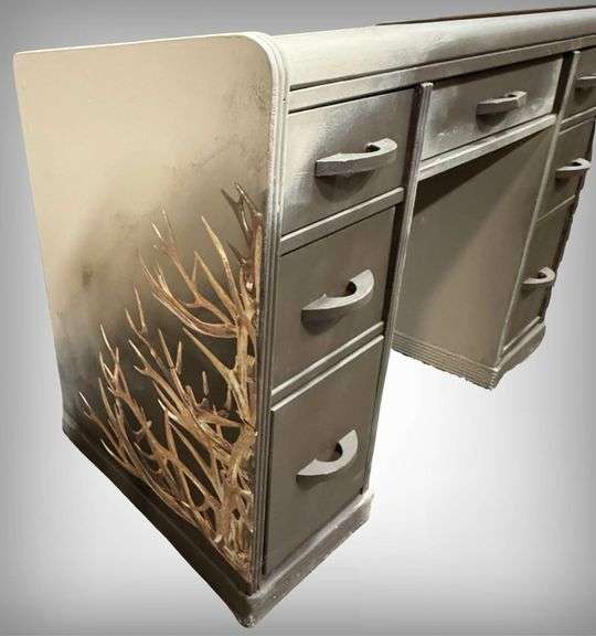 Custom Painted Desk with Antler Motif and Seven Drawers - Auction Ohio