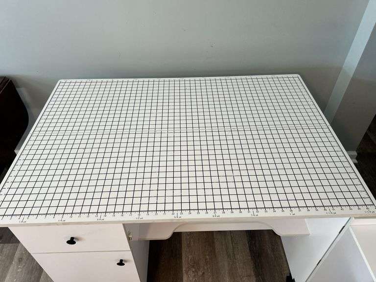 Folding White Craft Table with Grid Cutting Mat and Storage Features ...