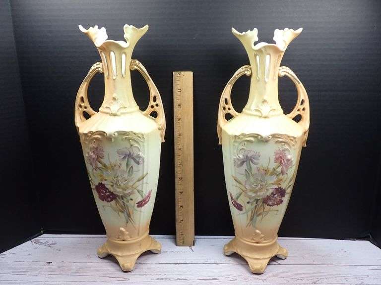 Robert Hanke (RH) Austria Handled Porcelain Vases with Floral Design ...