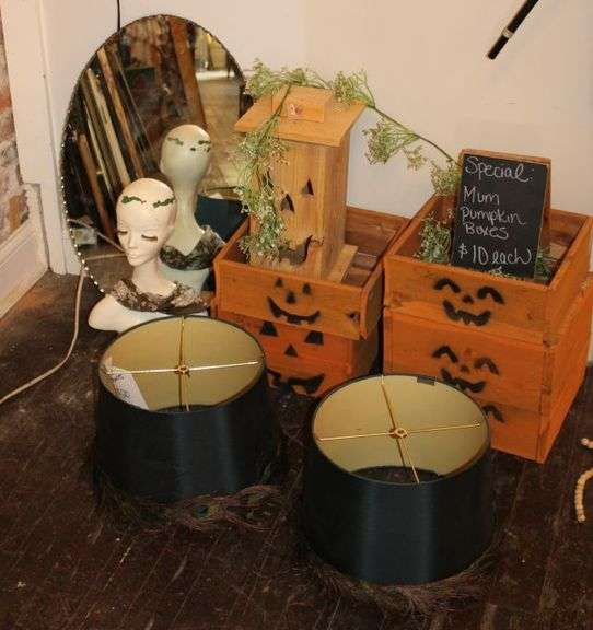 Bust Mannequin, Peacock Trimmed Lamp Shades, Oval Mirror, and Pumpkin Boxes - Auction Ohio