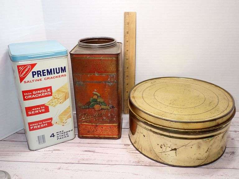 Three Vintage Metal Storage Tins Including Nabisco Premium Crackers Tin ...
