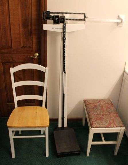 Health-O-Meter Beam Scale, White Ladder-Back Chair, and Upholstered ...