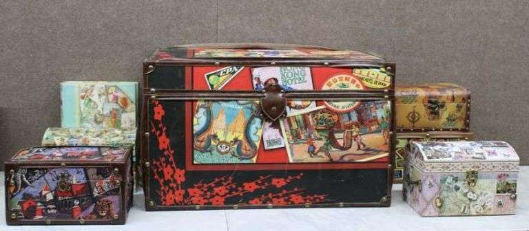 Seven Decorative Storage Chests with Travel-Inspired Designs - Auction Ohio