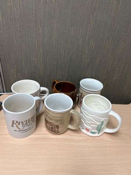 Six Ceramic Souvenir Mugs Featuring Various Locations and Designs ...