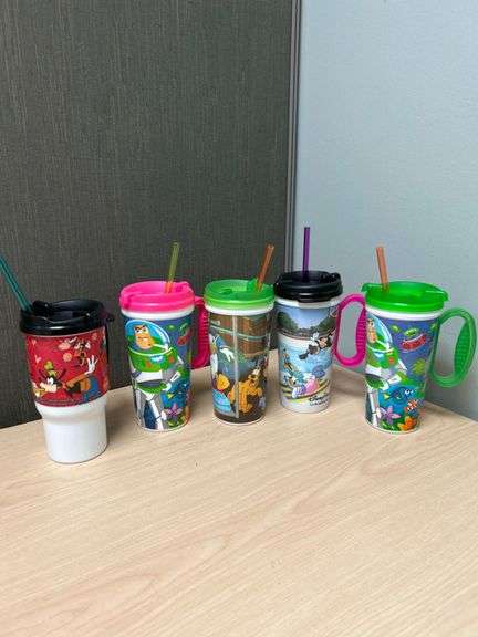 5 Disney-Themed Plastic Travel Cups with Handles and Straws - Auction Ohio