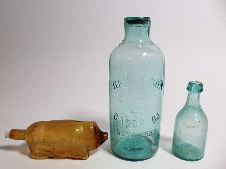 ANTIQUE BOTTLES INCLUDING ROBERTSON CANDY CO AND SUFFOLK BITTERS ...