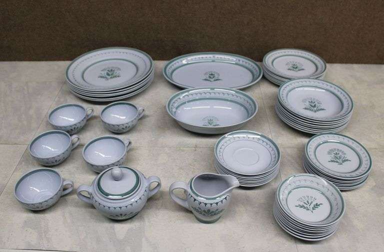 55-Piece Arabia of Finland ‘Green Thistle’ Dinnerware Set - Auction Ohio
