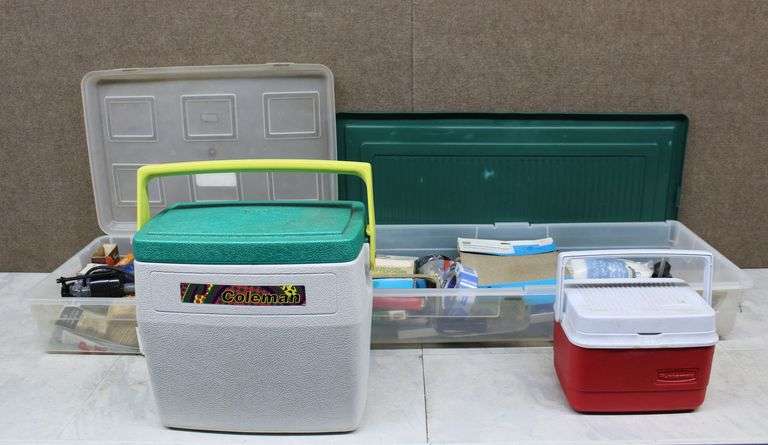 Plastic Coolers and Assorted Tools and Hardware in Storage Bins ...