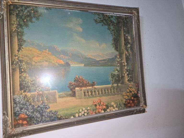 Vntg R.Atkinson Fox Framed Print Blue Lake Columns Flowers Landscape ...